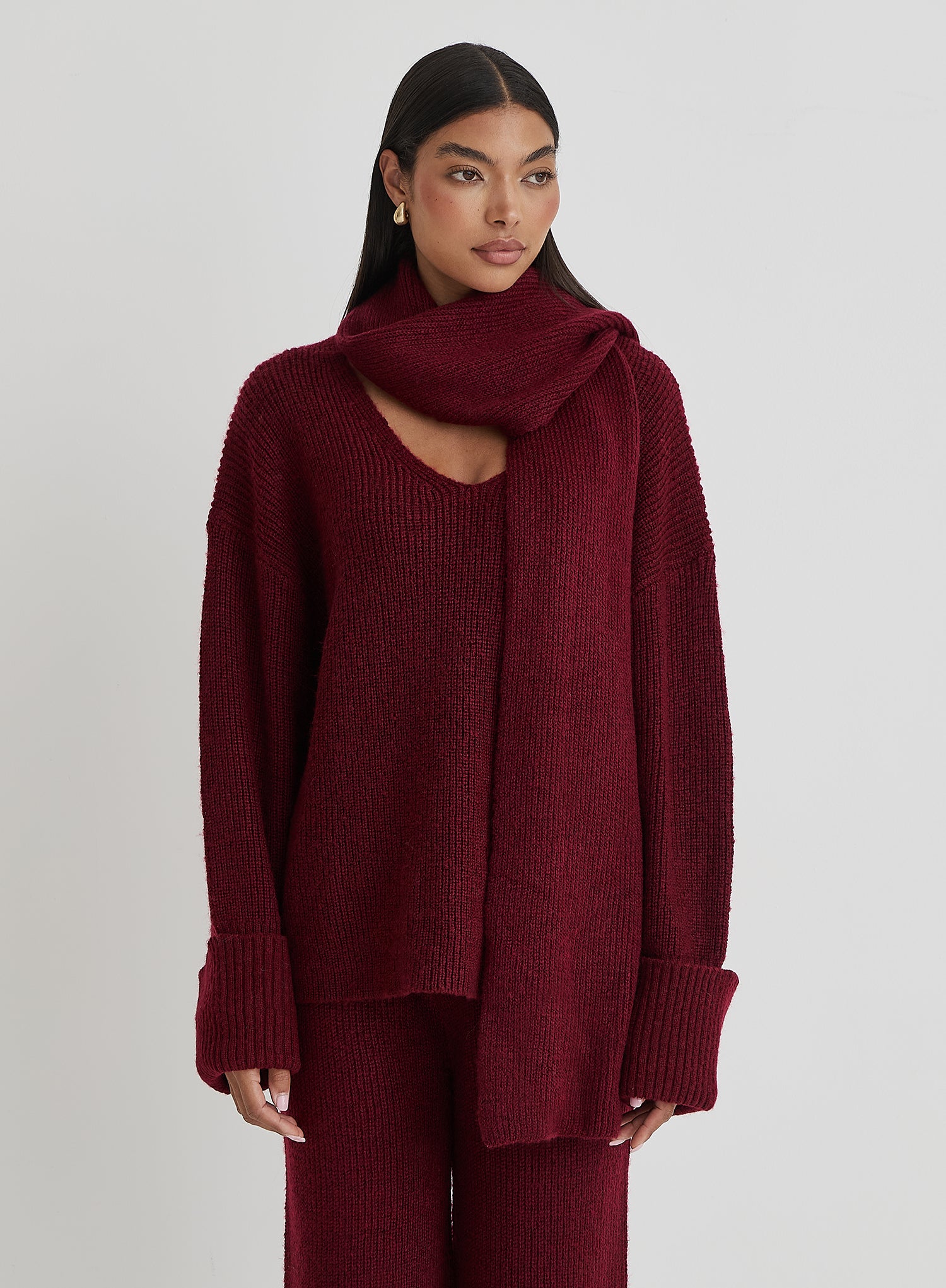 Women's Burgundy Slouchy Knitted Jumper With Scarf | Remy | 4th & Reckless