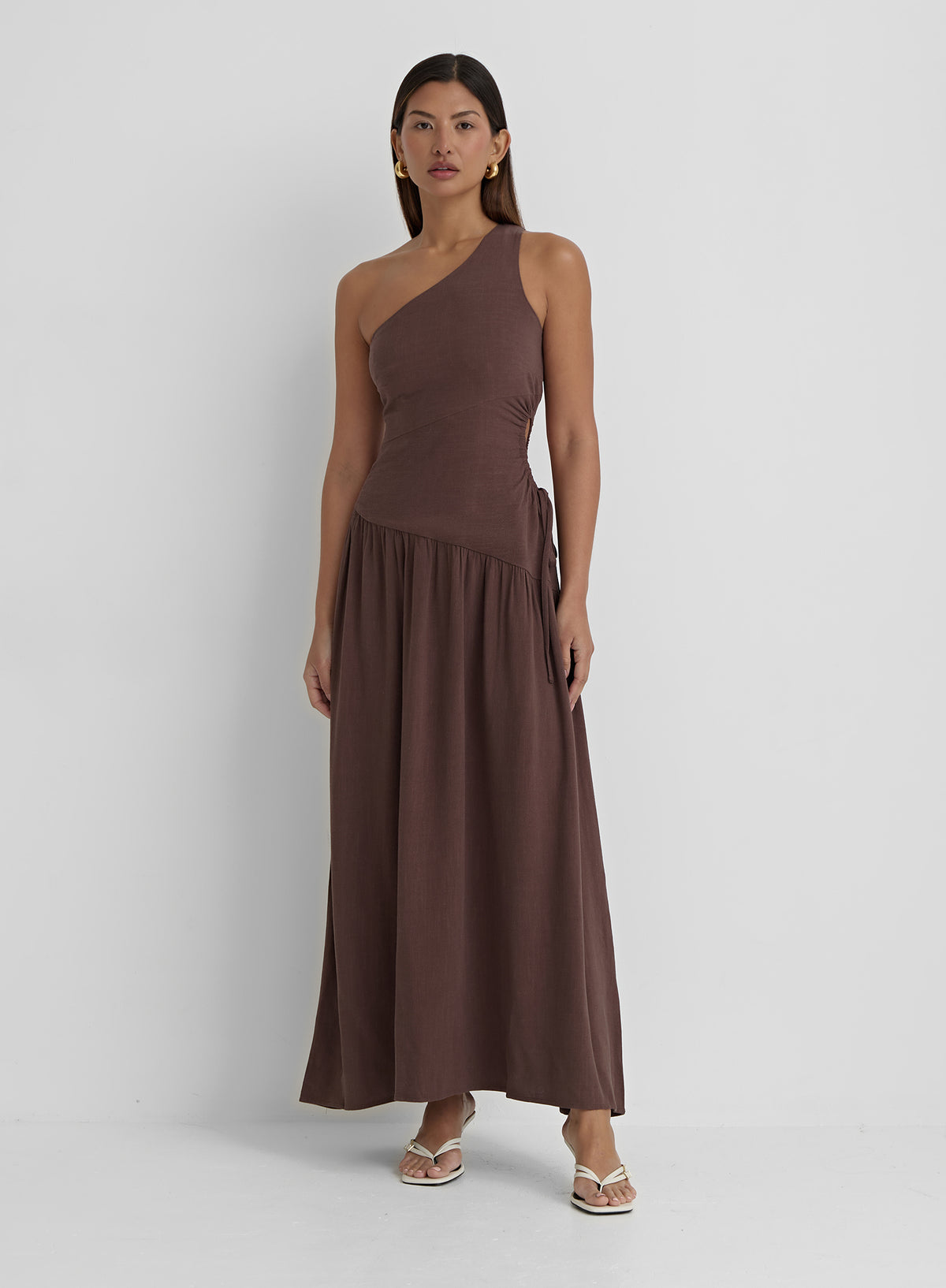 Women's Brown Linen One Shoulder Cut Out Detail Dress- Clara | 4th & Reckless