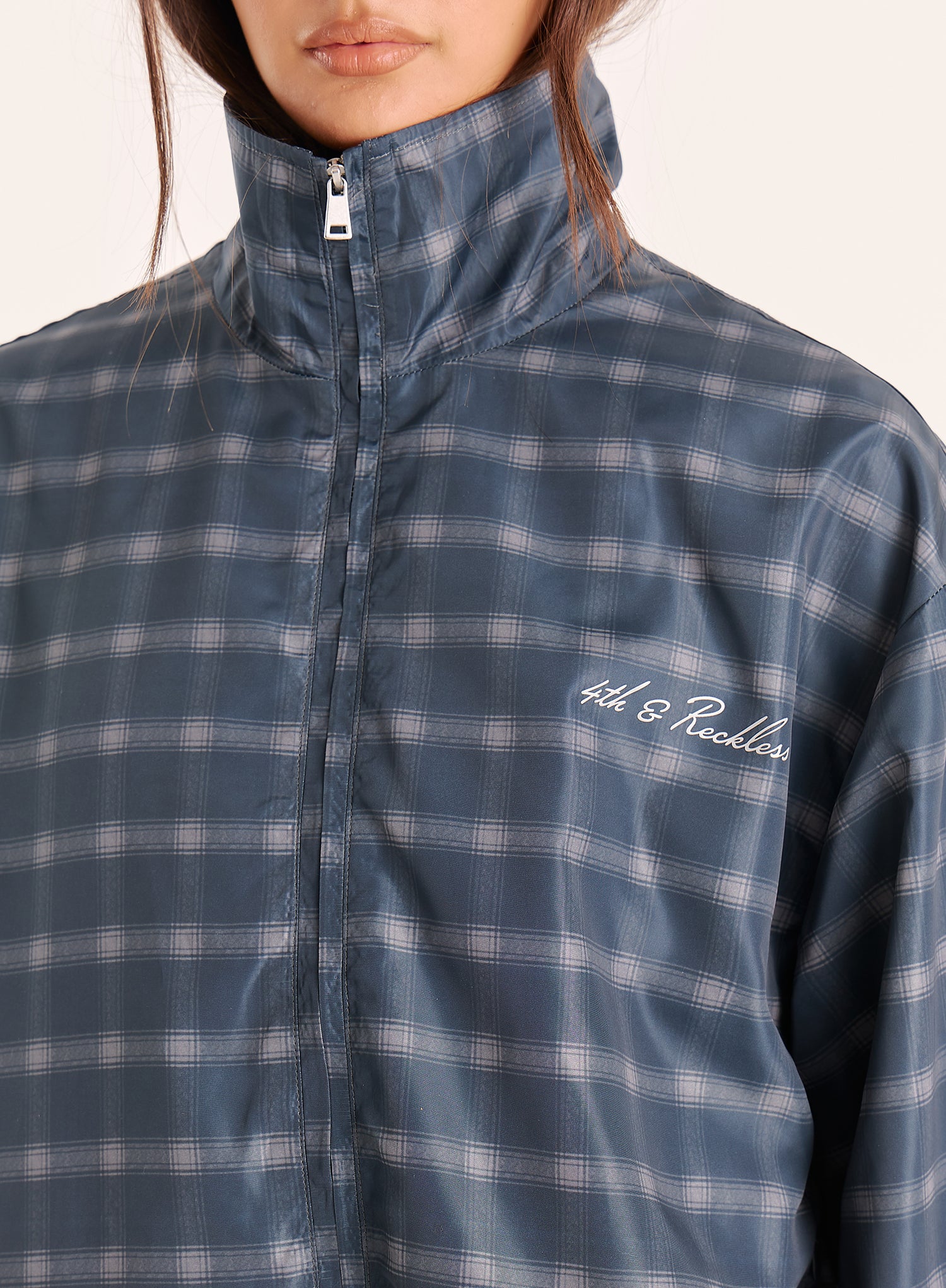 Women's Check Print Funnel Neck Windbreaker Jacket | Grace | 4th & Reckless