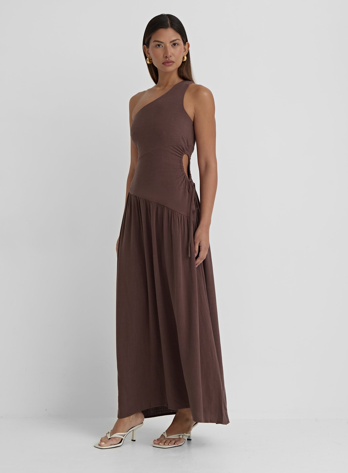 Women's Brown Linen One Shoulder Cut Out Detail Dress- Clara | 4th & Reckless
