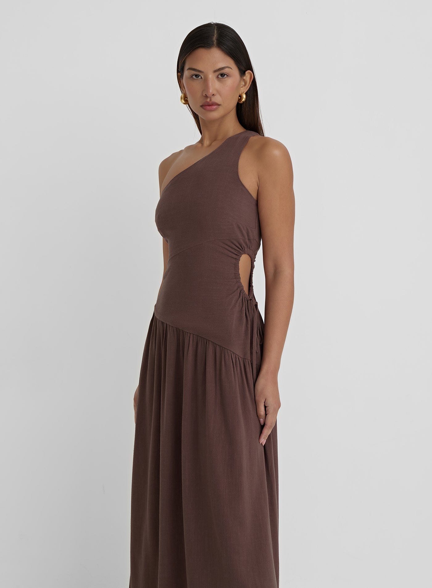 Women's Brown Linen One Shoulder Cut Out Detail Dress- Clara | 4th & Reckless